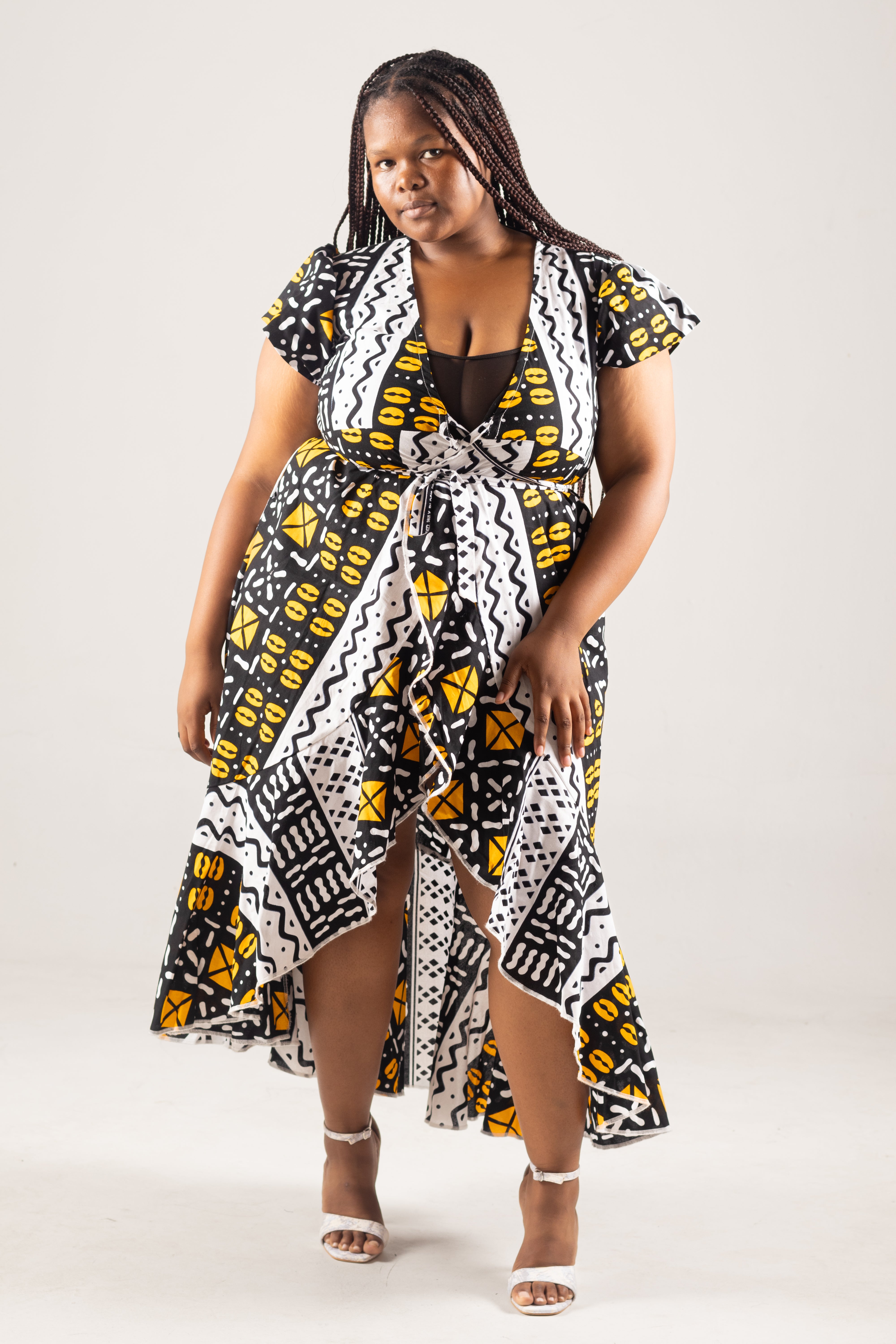 African Print Maxi Wrap Dress – Black Buttons